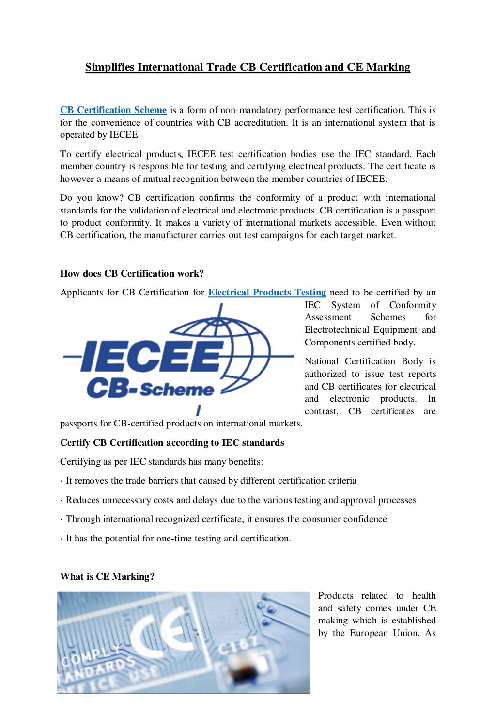 Simplifies International Trade CB Certification and CE Marking ...