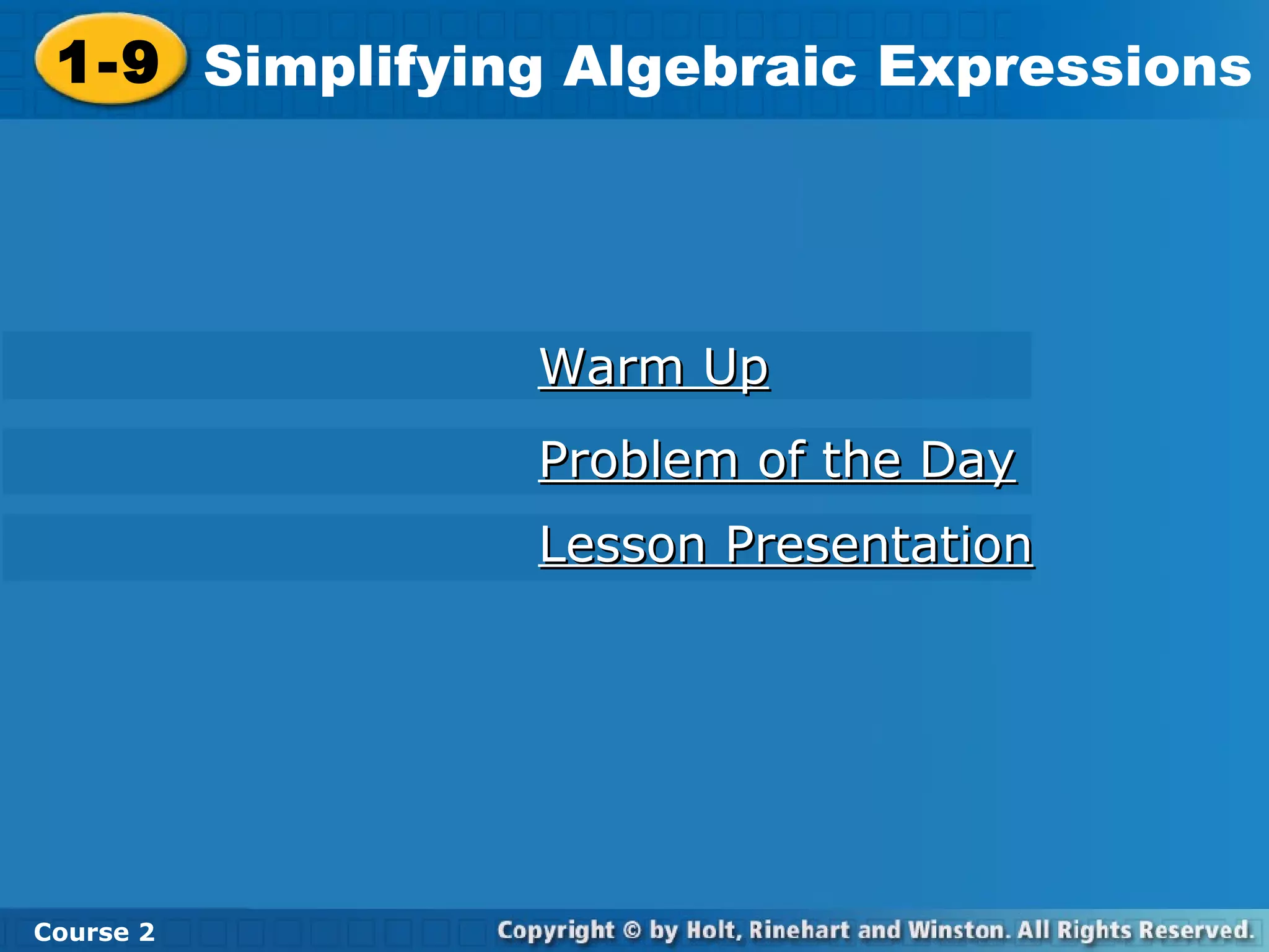 Simplifying algebraic expressions | PPT