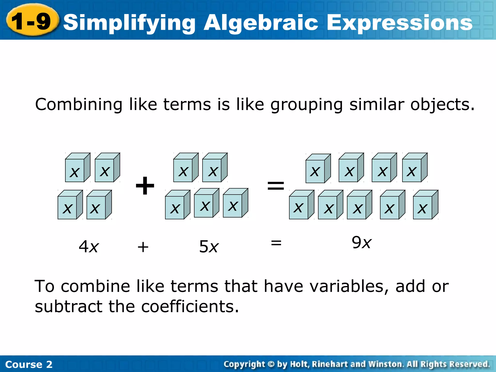 Simplifying algebraic expressions | PPT