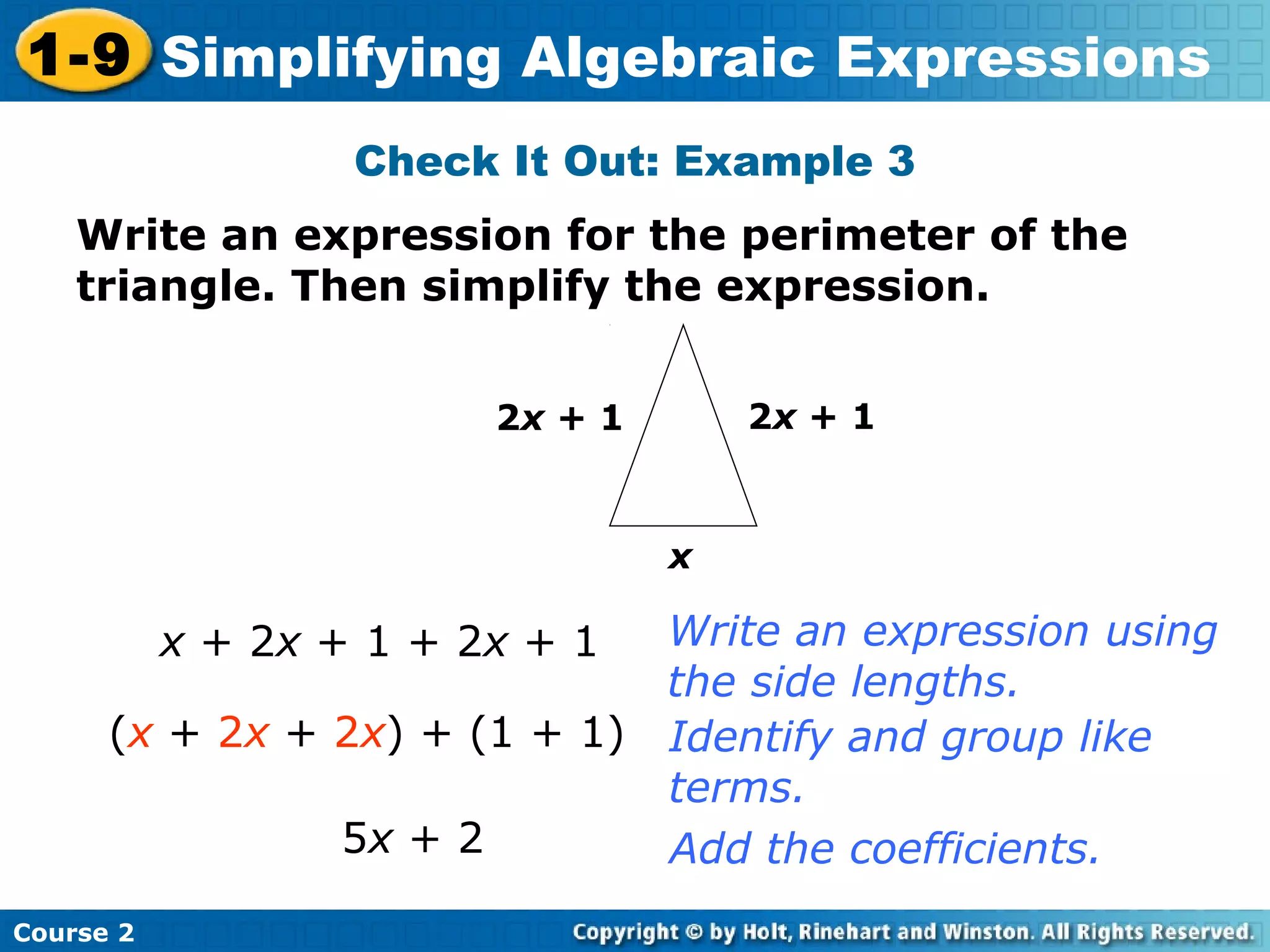 Simplifying algebraic expressions | PPT