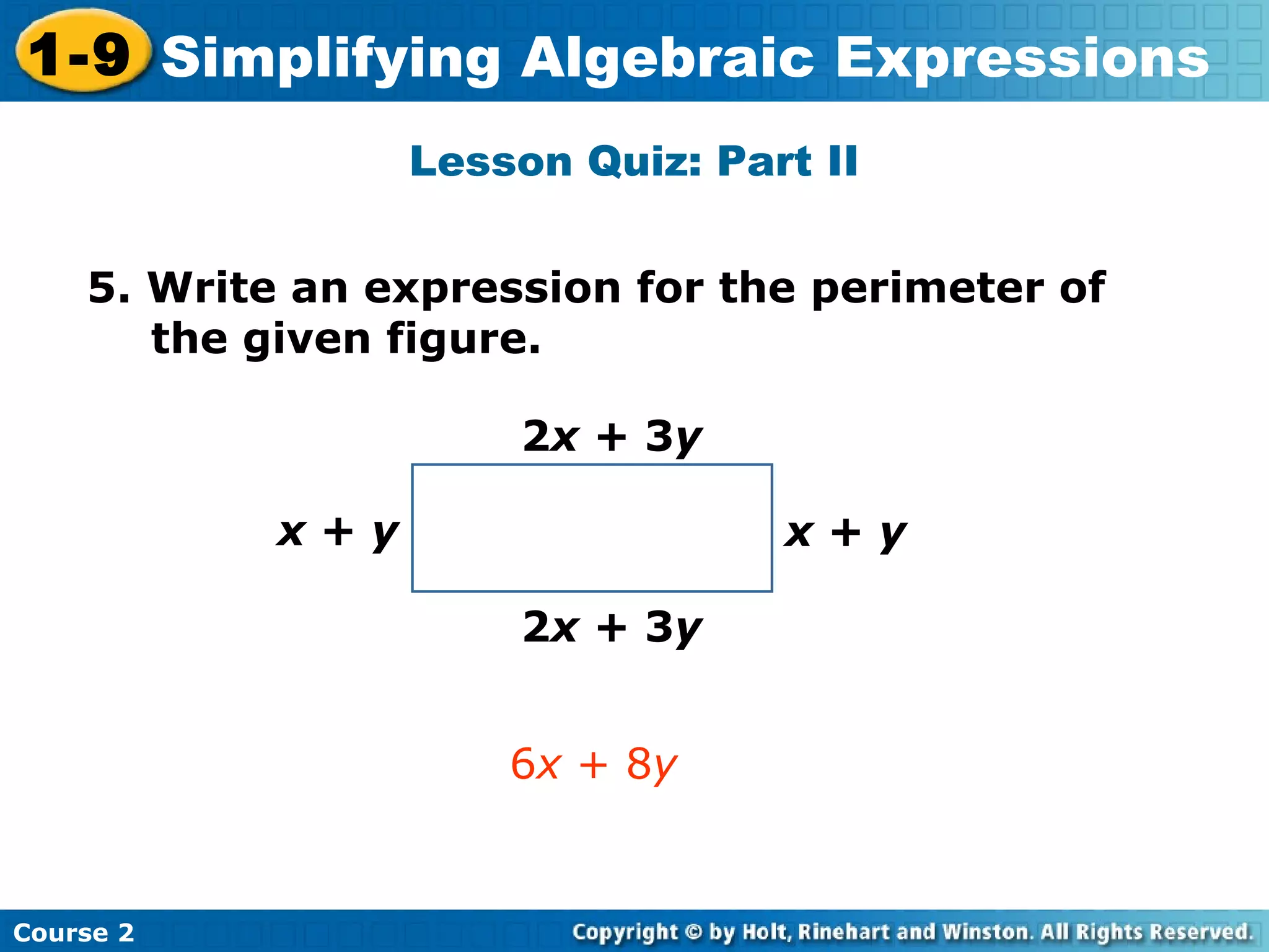 Simplifying algebraic expressions | PPT