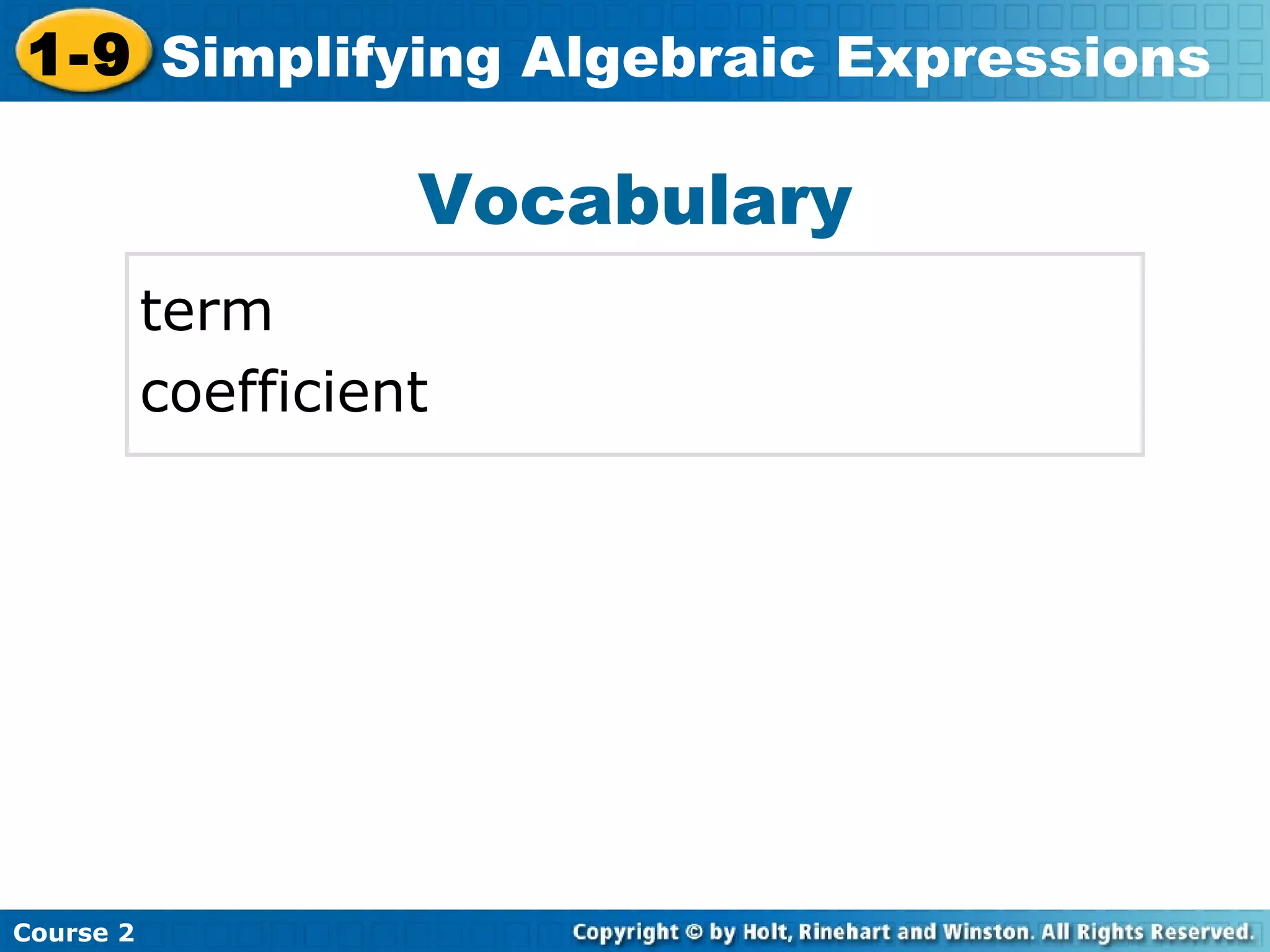 Simplifying algebraic expressions | PPT