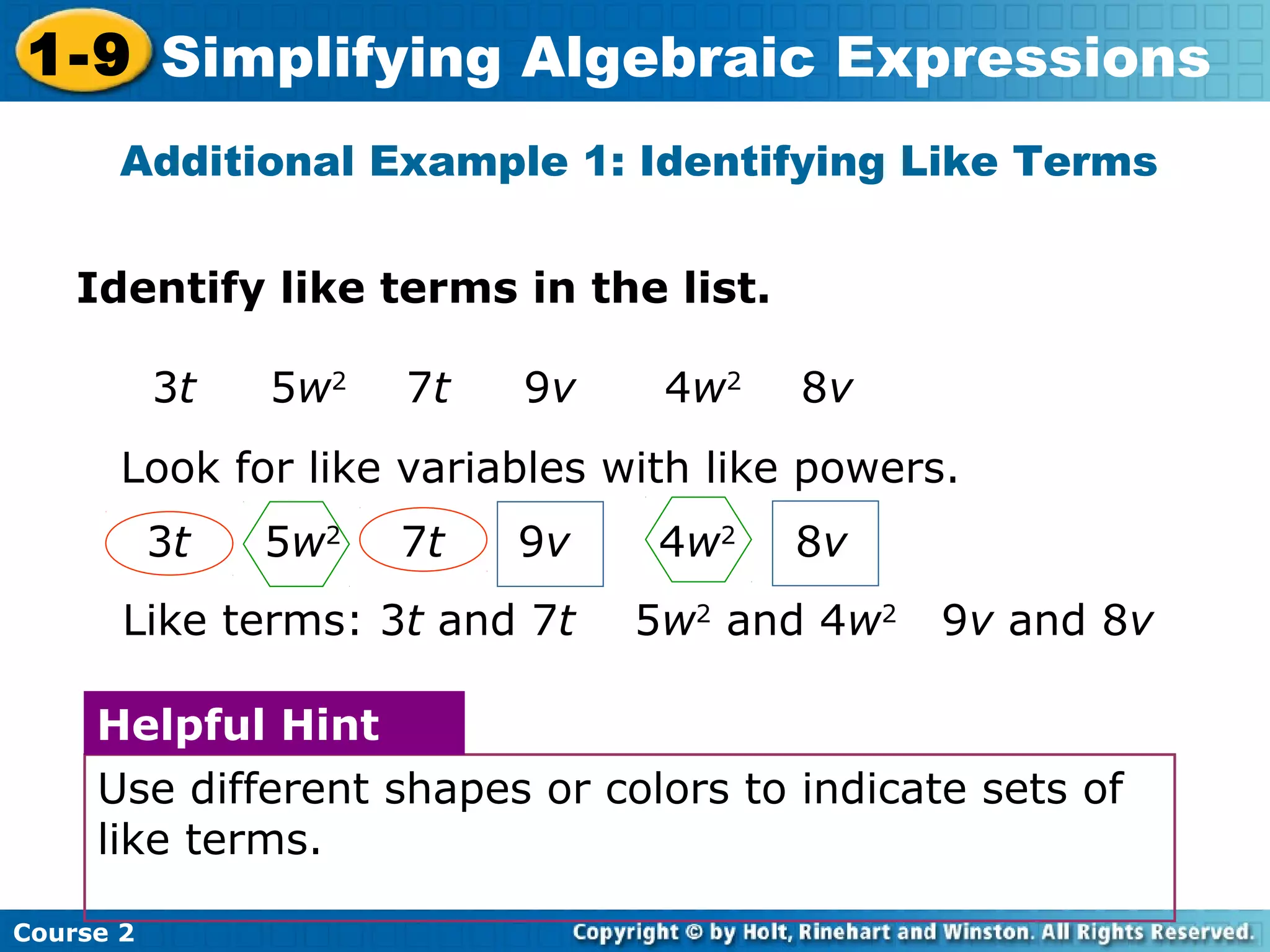 Simplifying algebraic expressions | PPT