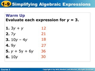 Simplifying algebraic expressions | PPT
