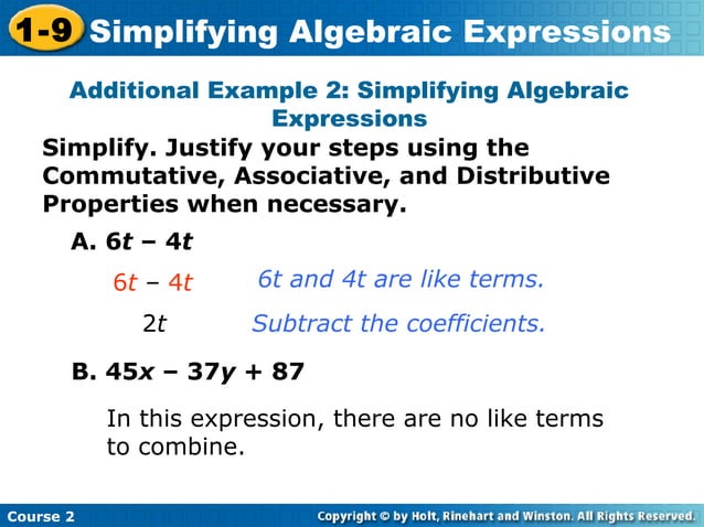 Simplifying algebraic expressions | PPT