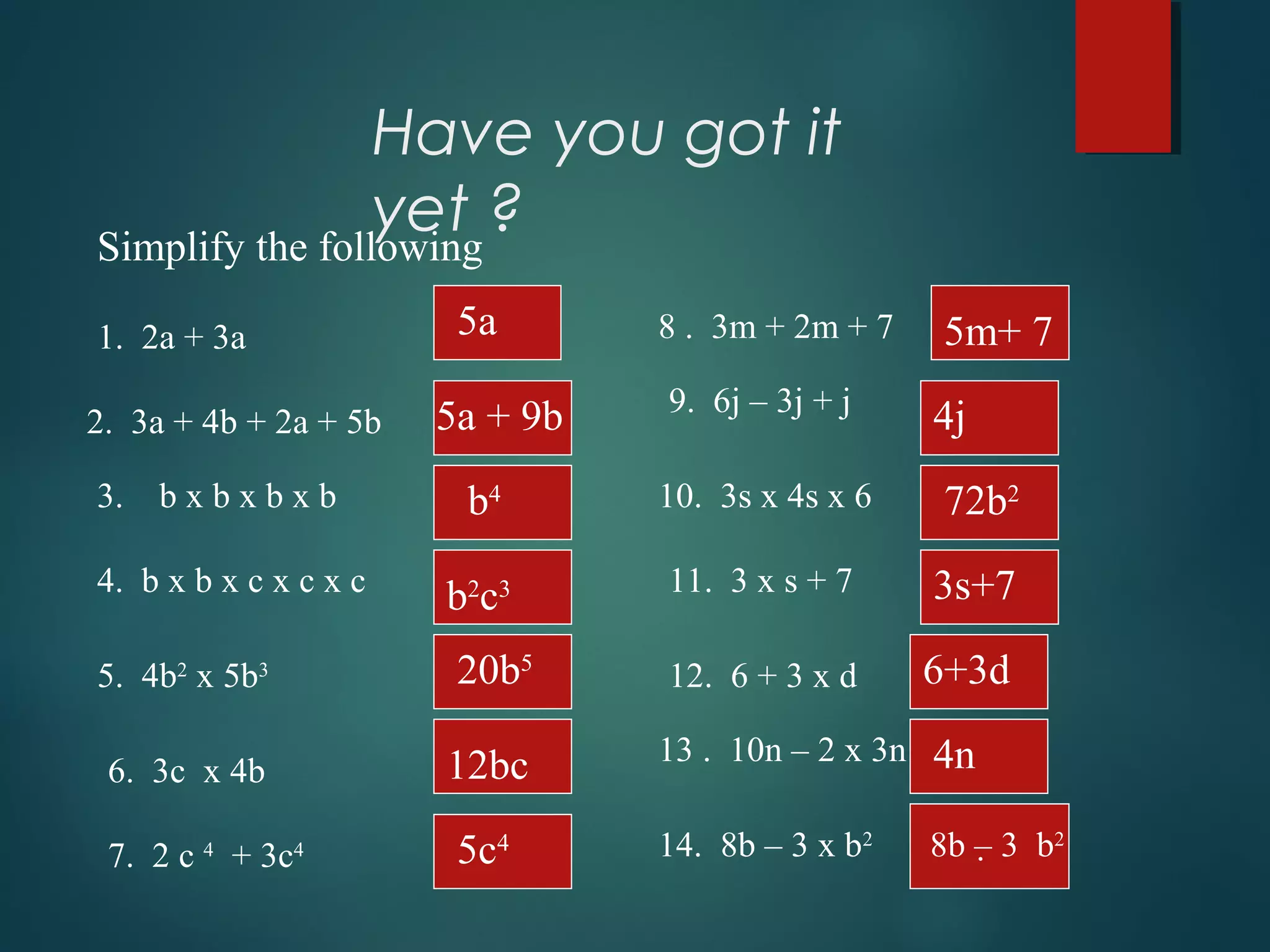 Simplifying algebraic expressions | PPT