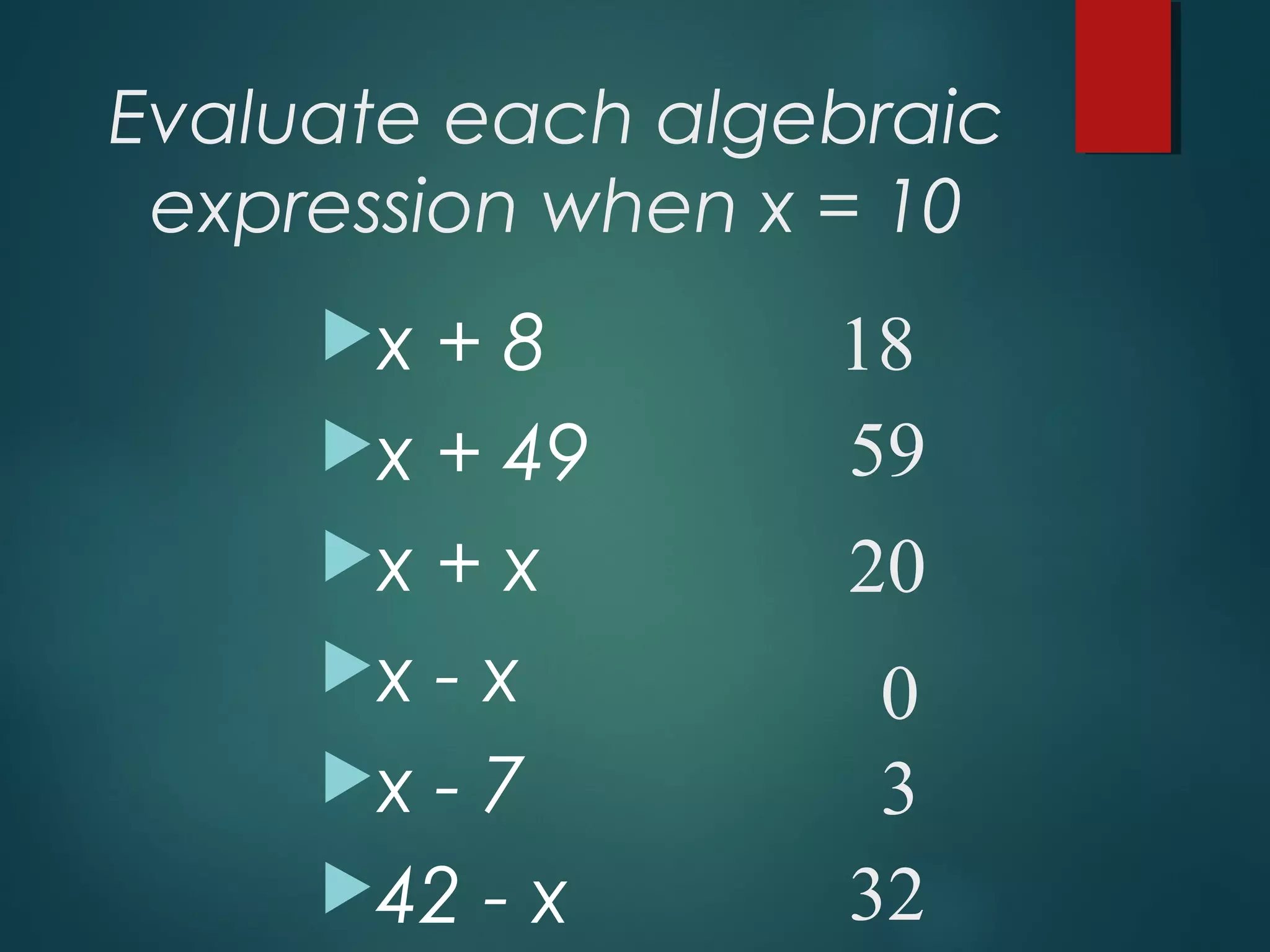 Simplifying algebraic expressions | PPT