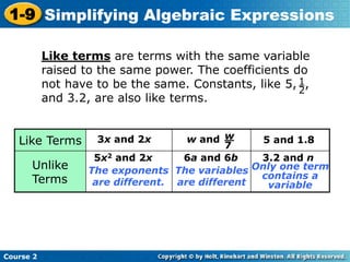 Simplifying Algebraic Expressions from HOLT.ppt