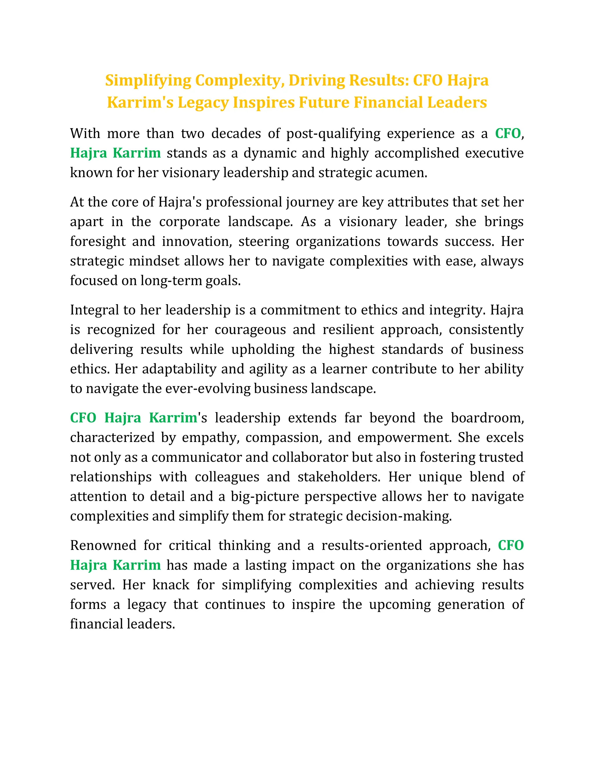 Simplifying Complexity, Driving Results: CFO Hajra Karrim's Legacy Inspires Future Financial ...