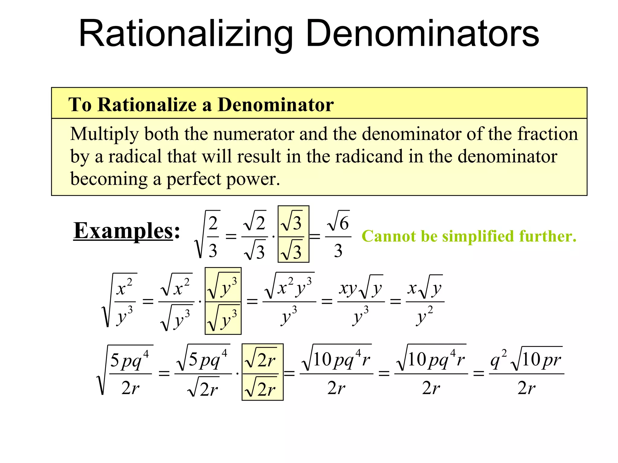 Simplifying radical expressions, rational exponents, radical equations ...