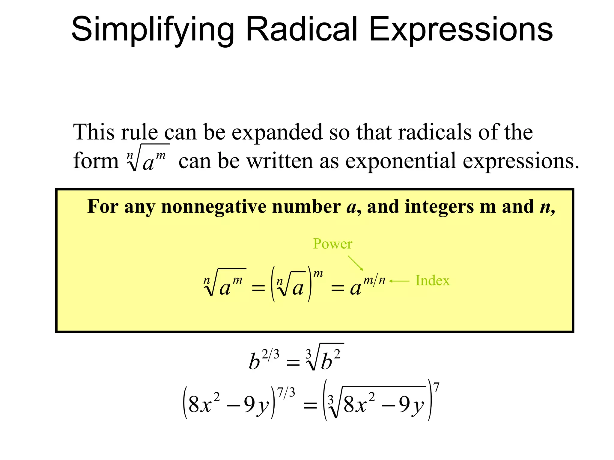 Simplifying radical expressions, rational exponents, radical equations ...