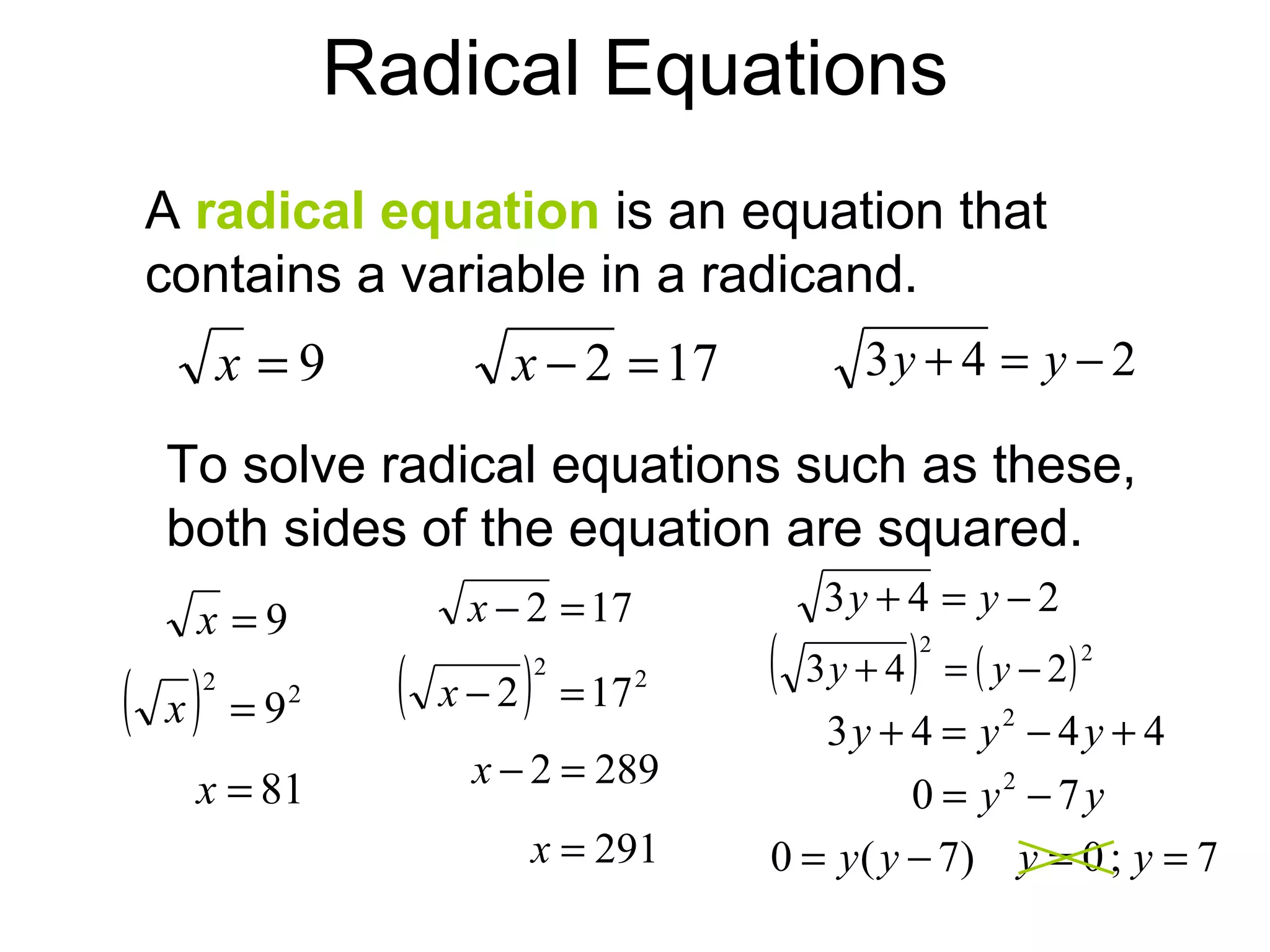 Simplifying radical expressions, rational exponents, radical equations ...