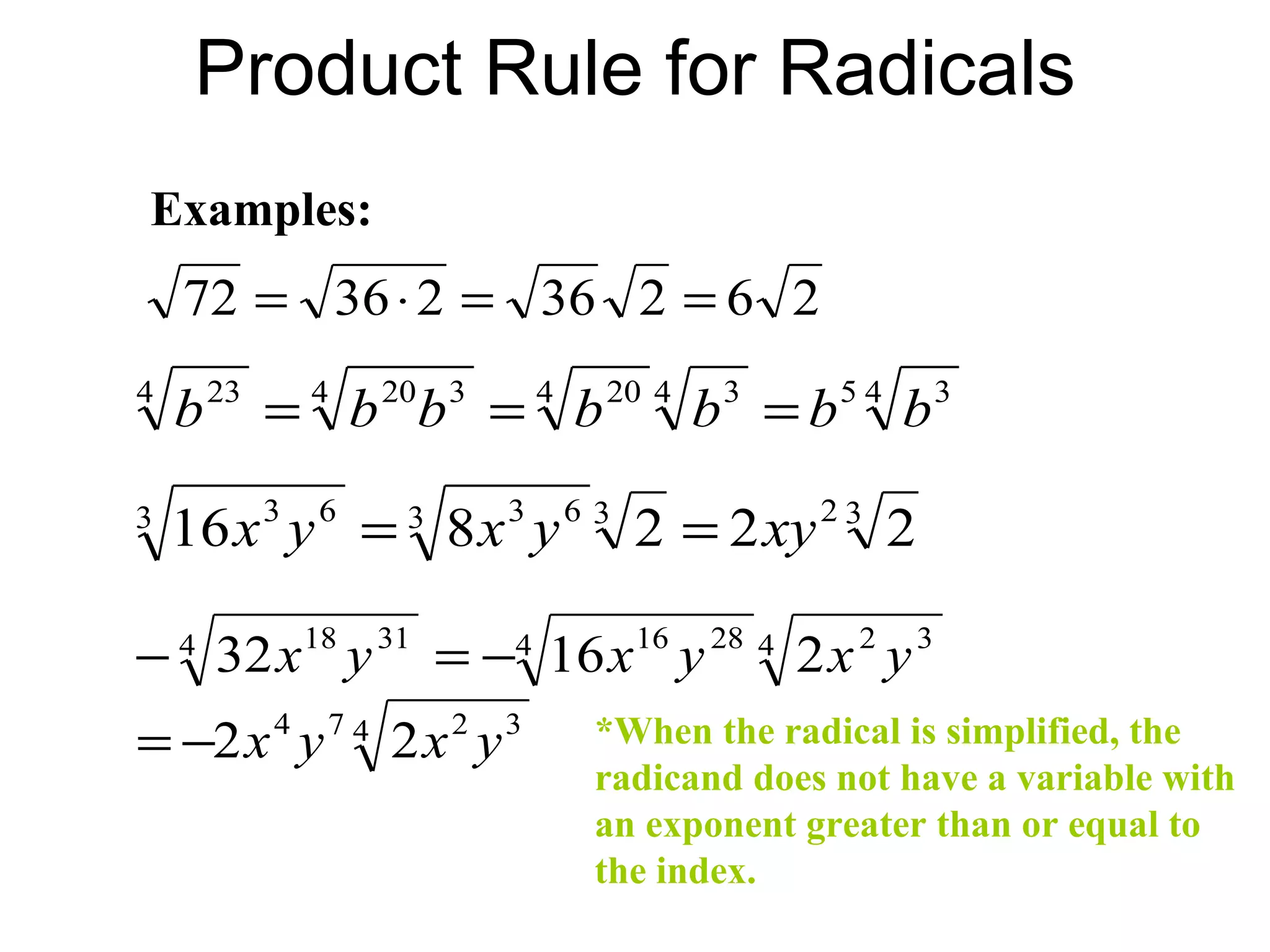 Simplifying radical expressions, rational exponents, radical equations ...