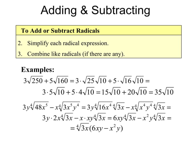 Simplifying radical expressions, rational exponents, radical equations ...