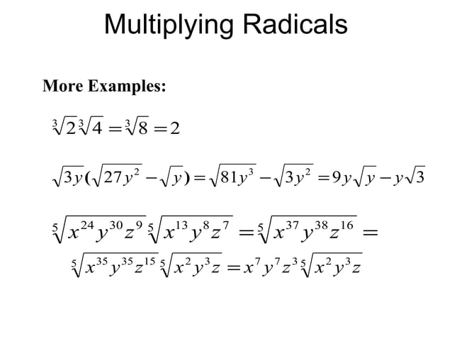 Simplifying radical expressions, rational exponents, radical equations ...