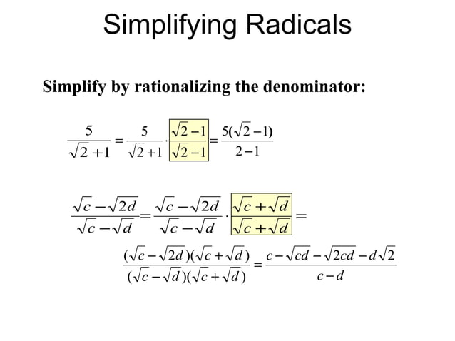Simplifying radical expressions, rational exponents, radical equations | PPT