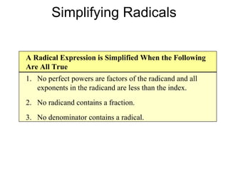Simplifying radical expressions, rational exponents, radical equations ...