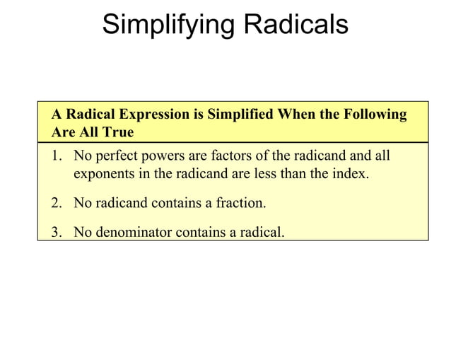 Simplifying radical expressions, rational exponents, radical equations ...