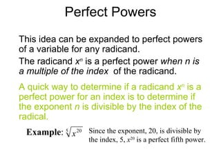 Simplifying radical expressions, rational exponents, radical equations ...
