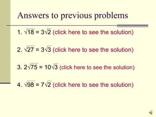 Simplifying Square Root Radicals | PPT