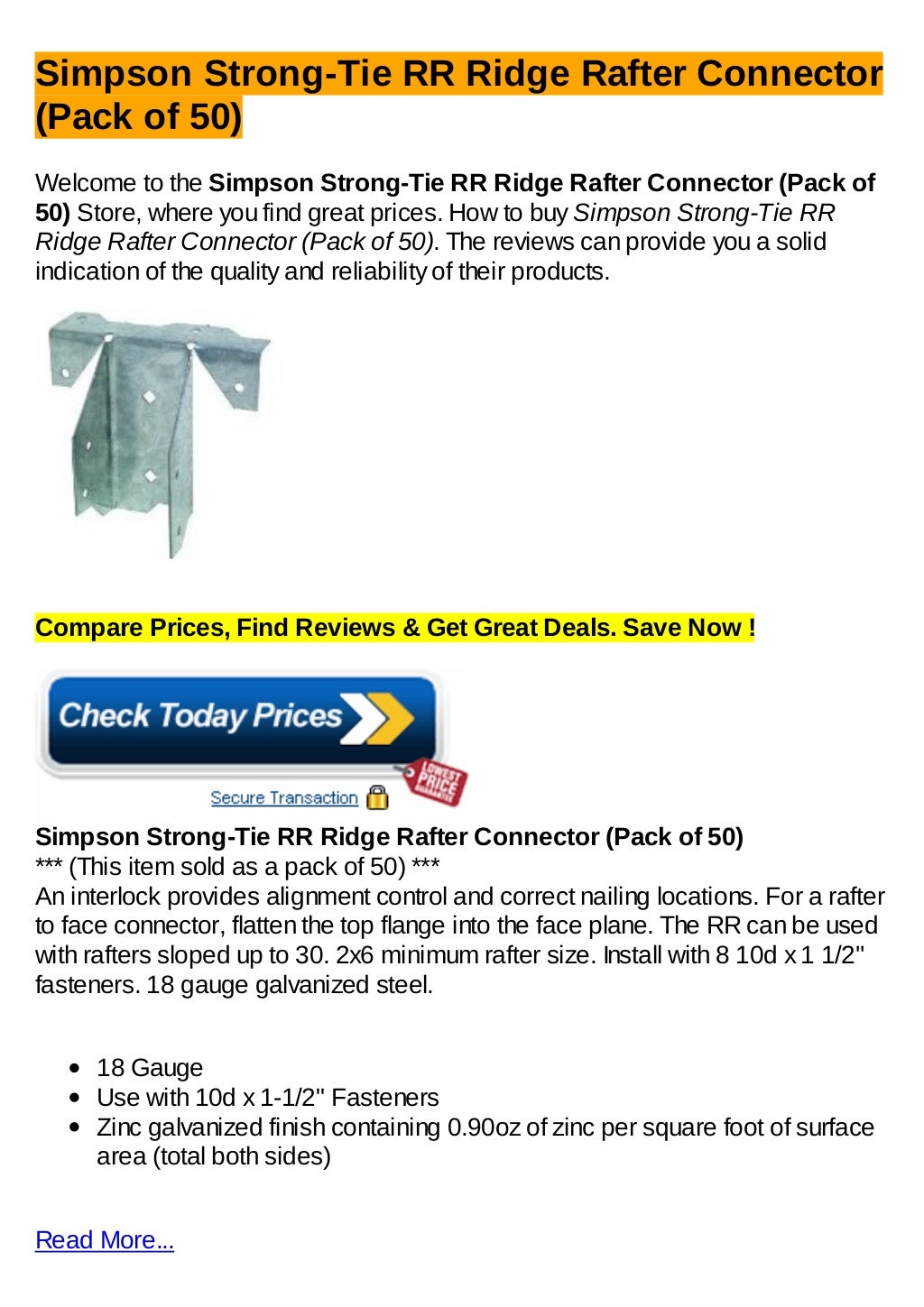 Simpson strong tie rr ridge rafter connector pack of 50