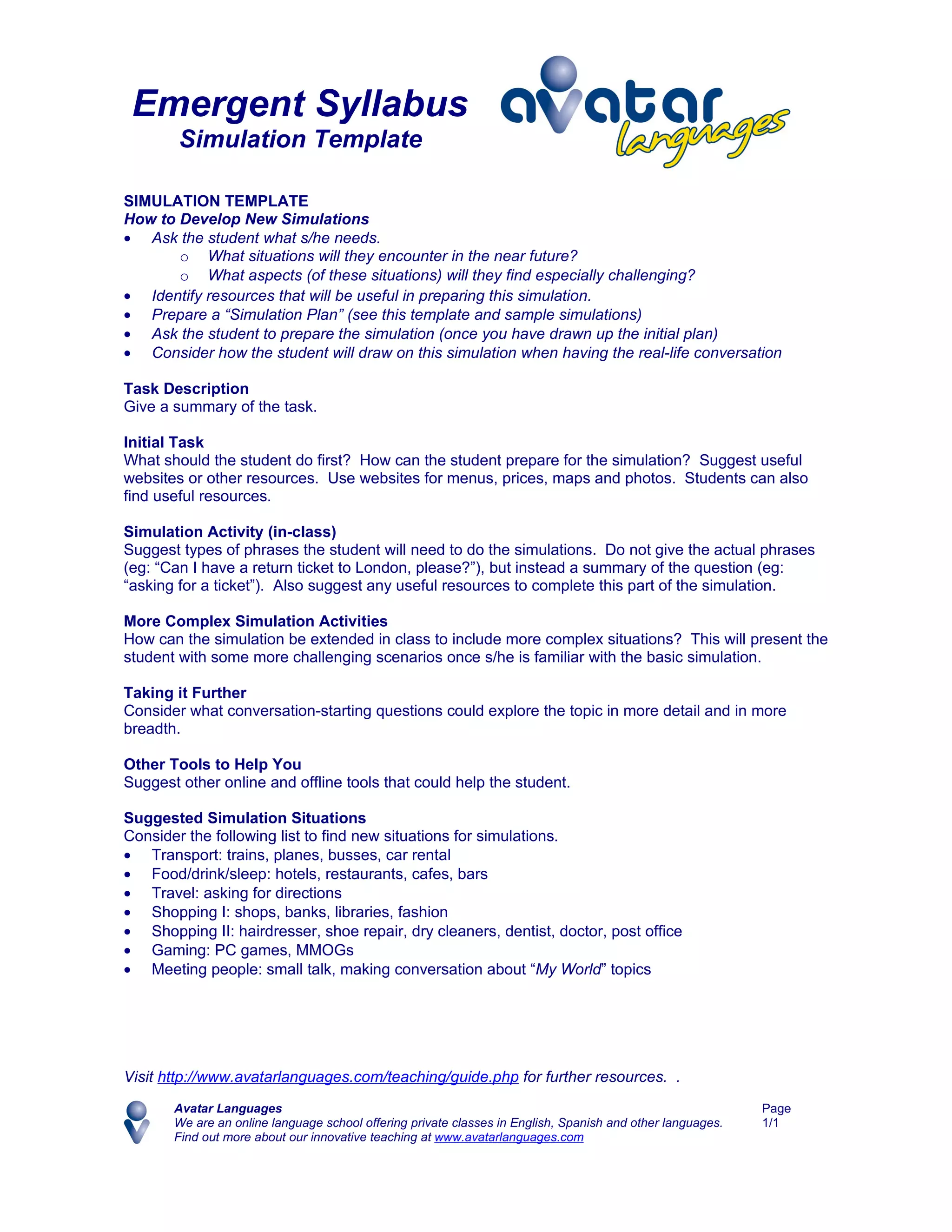 Simulation Plan - Template (Emergent Syllabus) | DOC