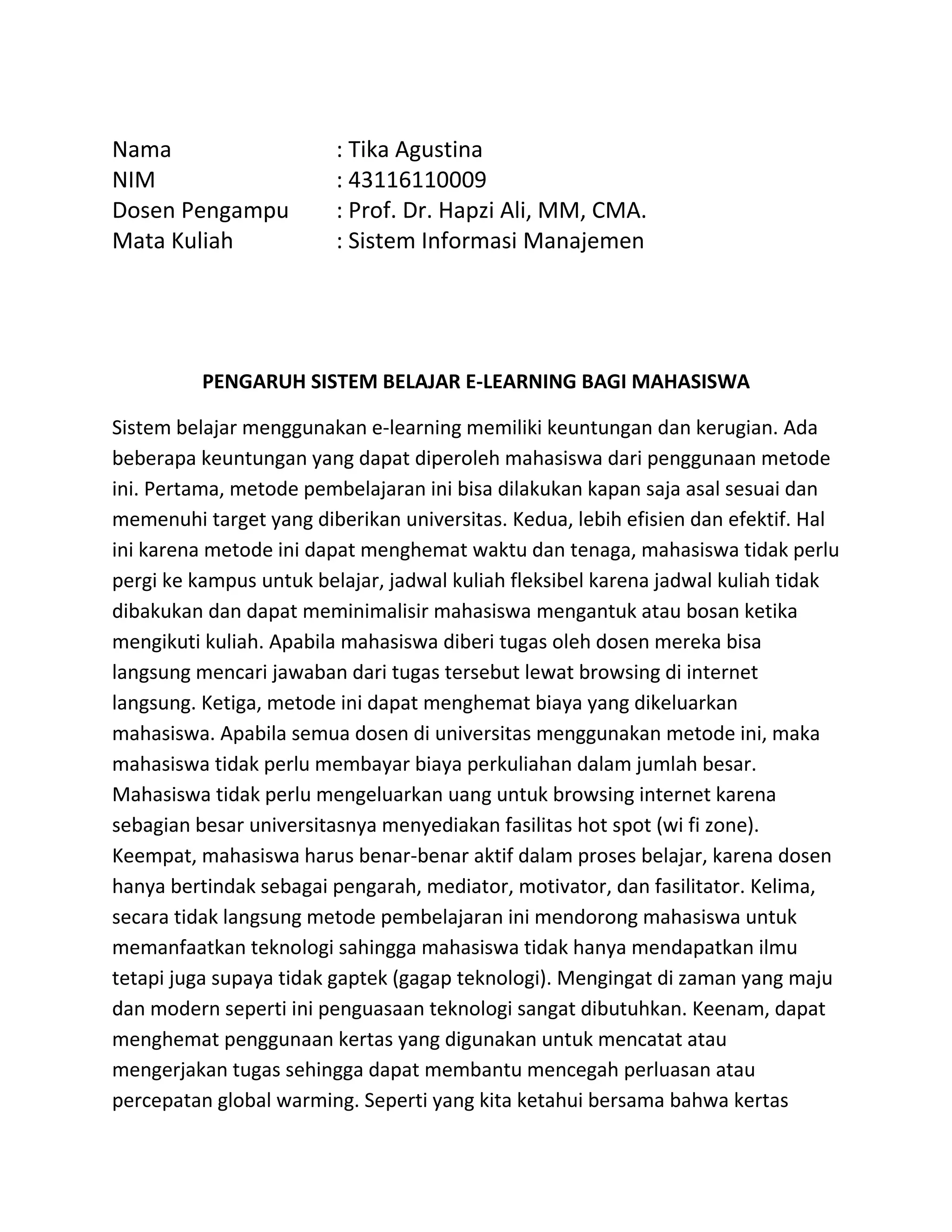 Sim,tika agustina, prof. dr. ir. hapzi ali, cma. sim, pengenalan e learning | PDF