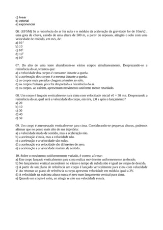 Simulado física, 1º ano, muv, queda livre e vetores. | PDF