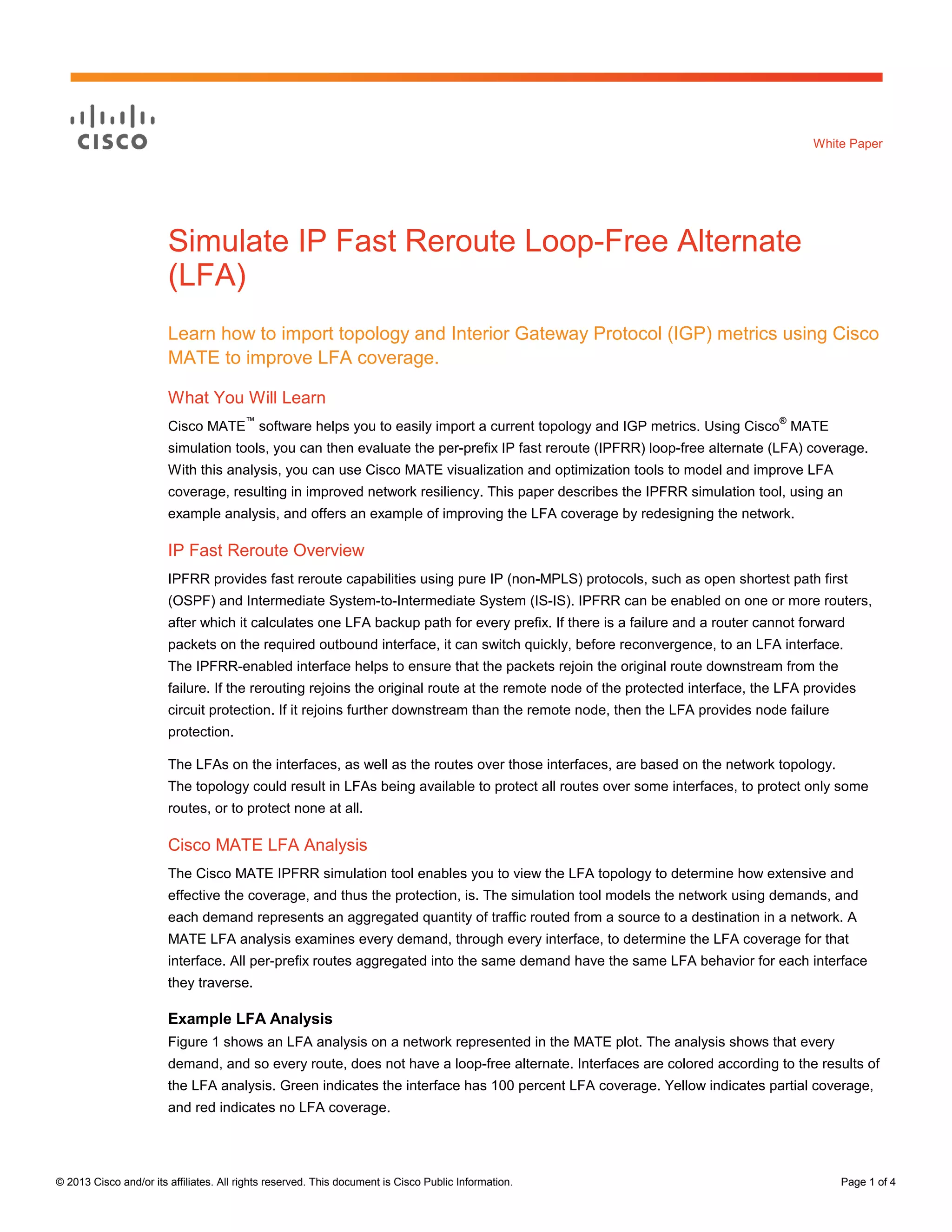Simulate Ip Fast Reroute Loop Free Alternate Lfa White Paper Pdf
