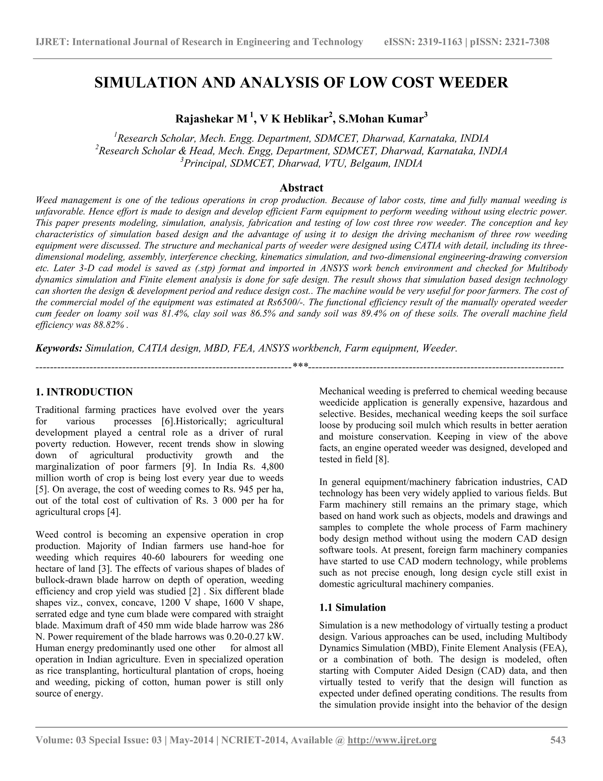 Simulation and analysis of low cost weeder | PDF