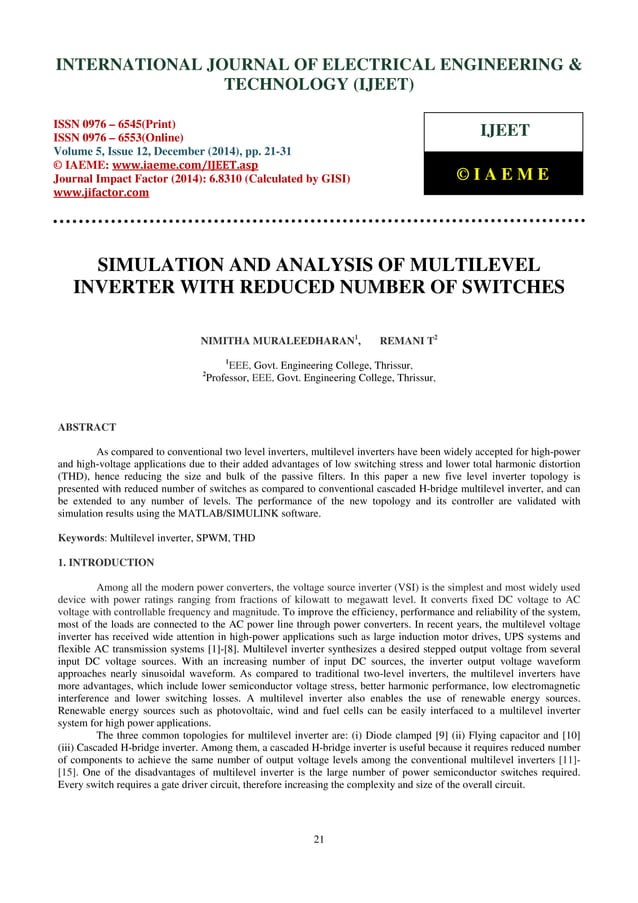 Simulation and analysis of multilevel inverter with reduced number of ...