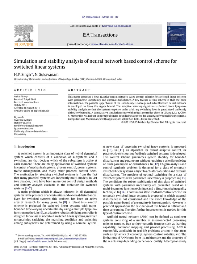 Simulation and stability analysis of neural network based control scheme for switched linear ...