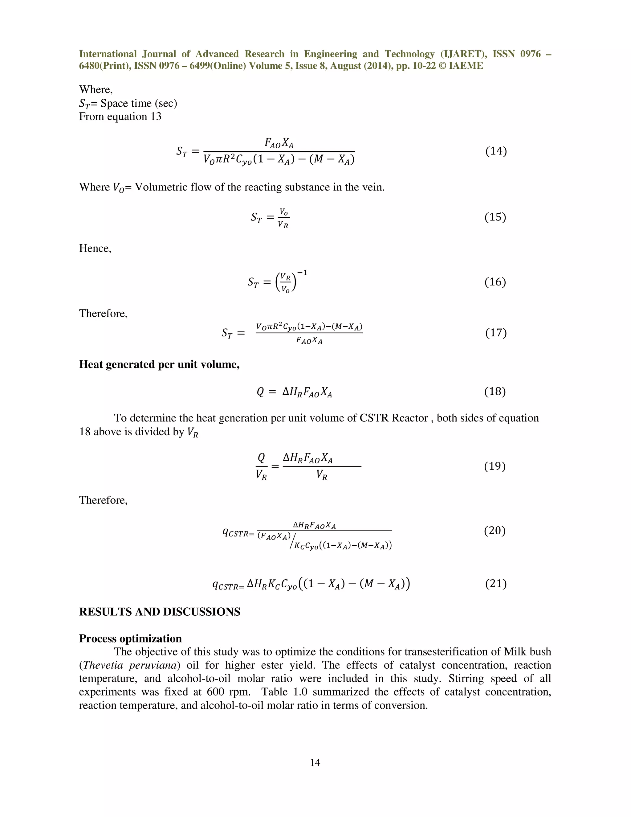 Simulation of a cstr model for thevetia peruviana oil ...