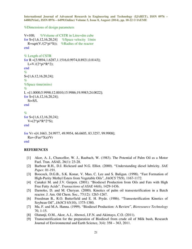 Simulation of a cstr model for thevetia peruviana oil transesterification in the | PDF ...