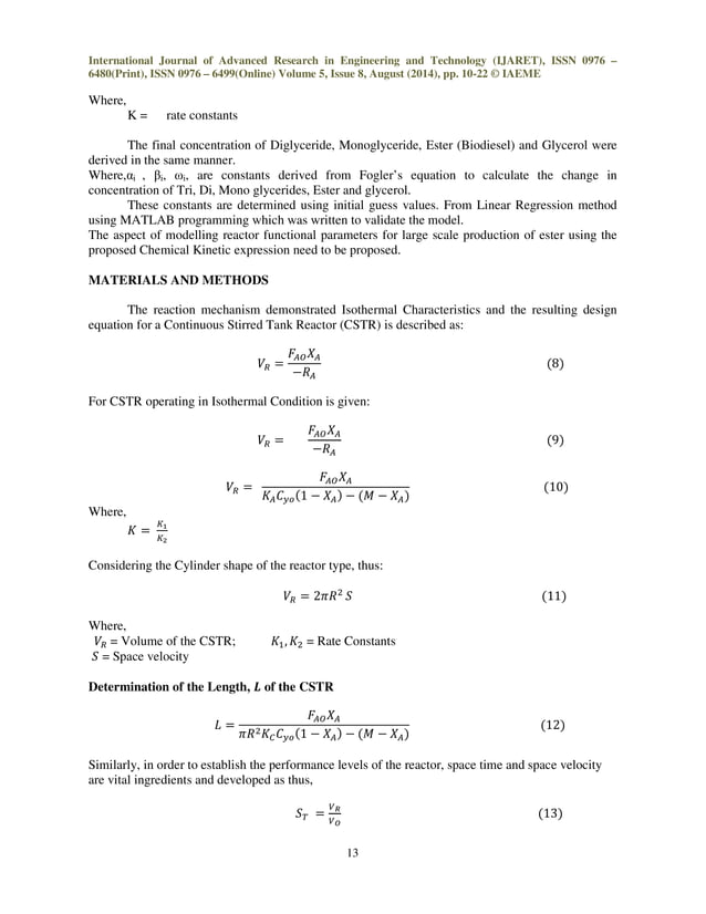 Simulation of a cstr model for thevetia peruviana oil transesterification in the | PDF ...