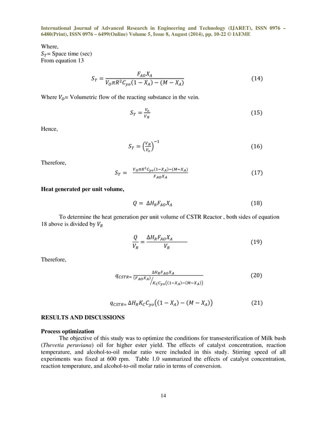 Simulation of a cstr model for thevetia peruviana oil transesterification in the | PDF ...