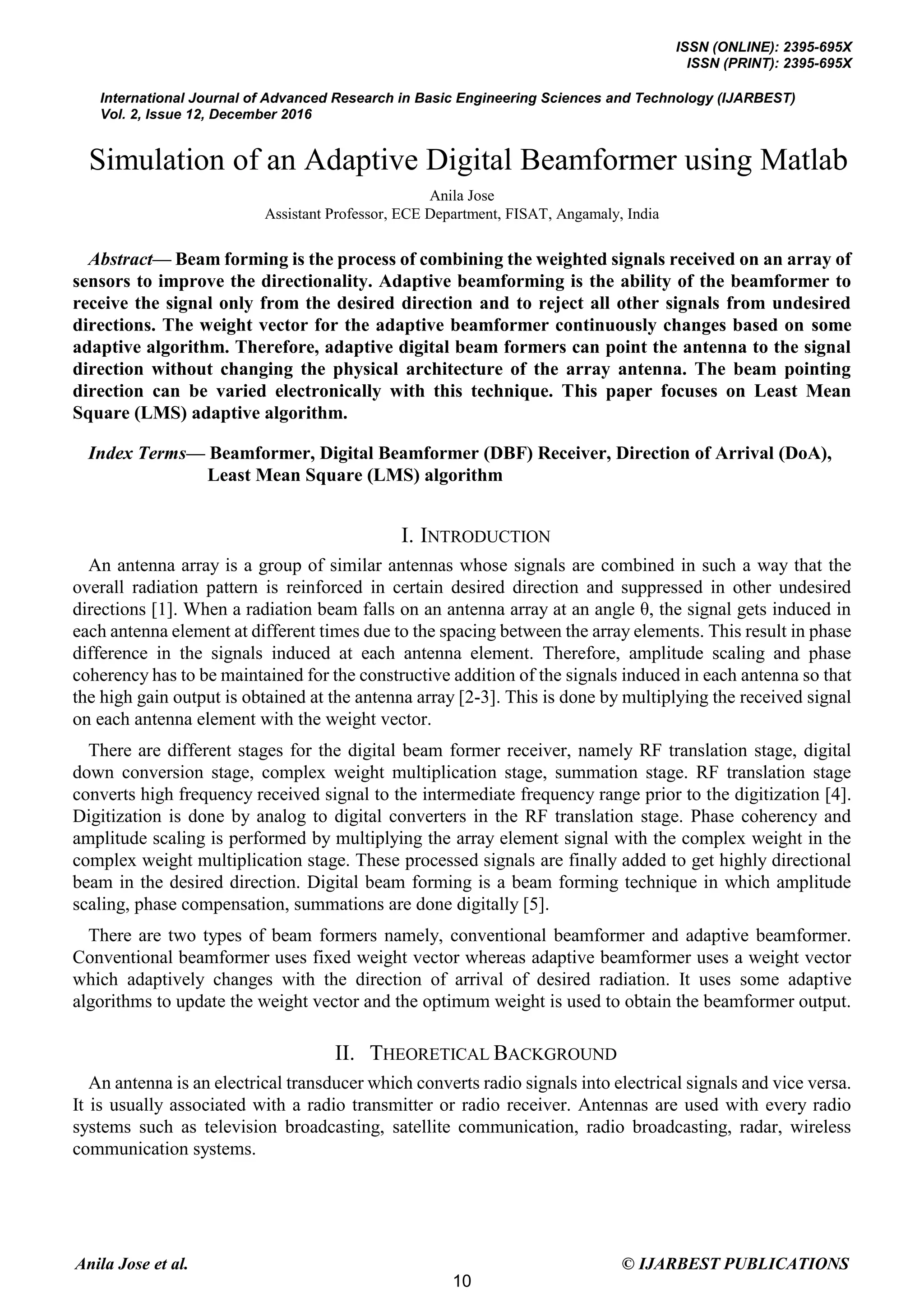 Simulation of an adaptive digital beamformer using matlab | PDF