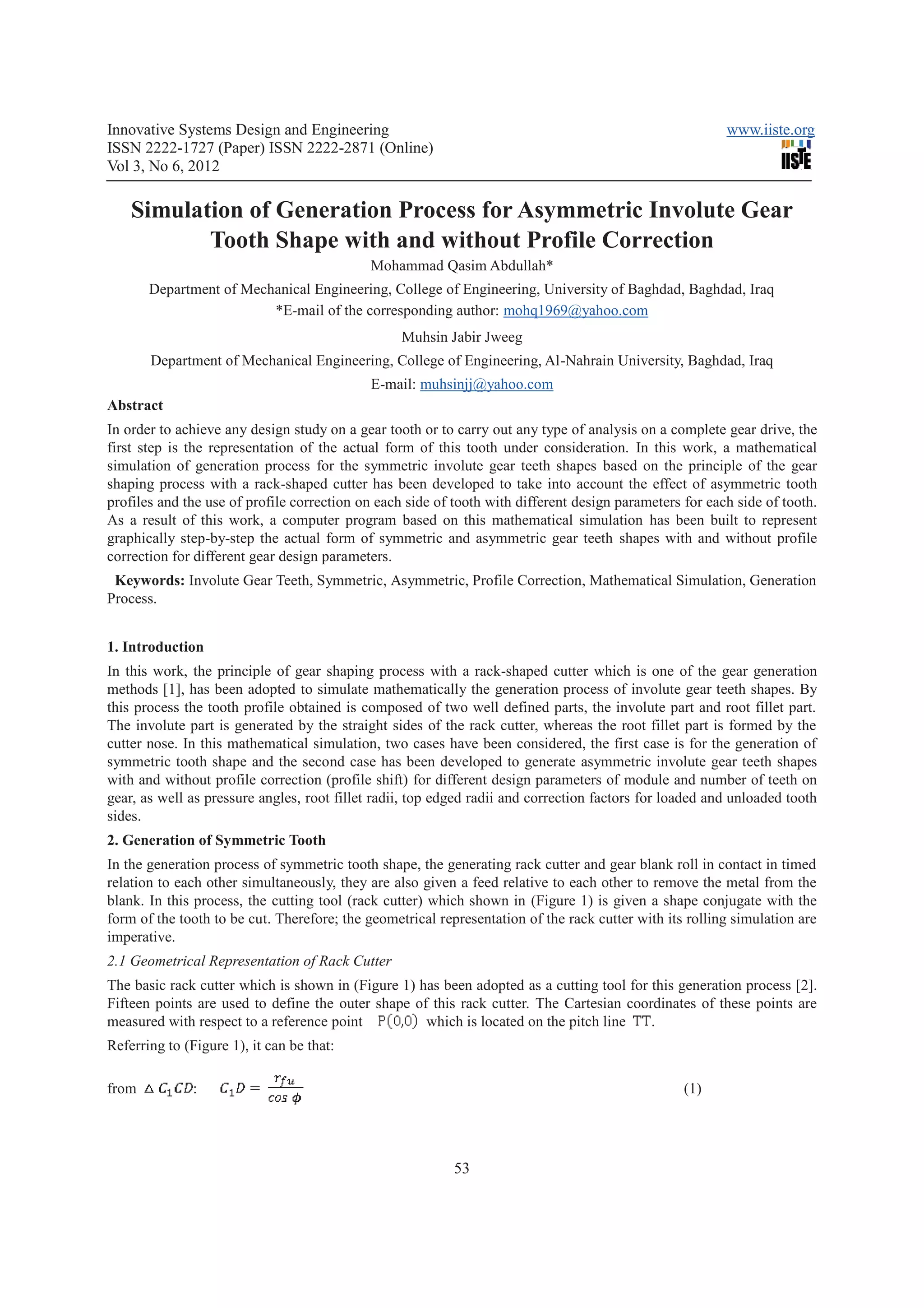 Simulation of generation process for asymmetric involute gear tooth ...