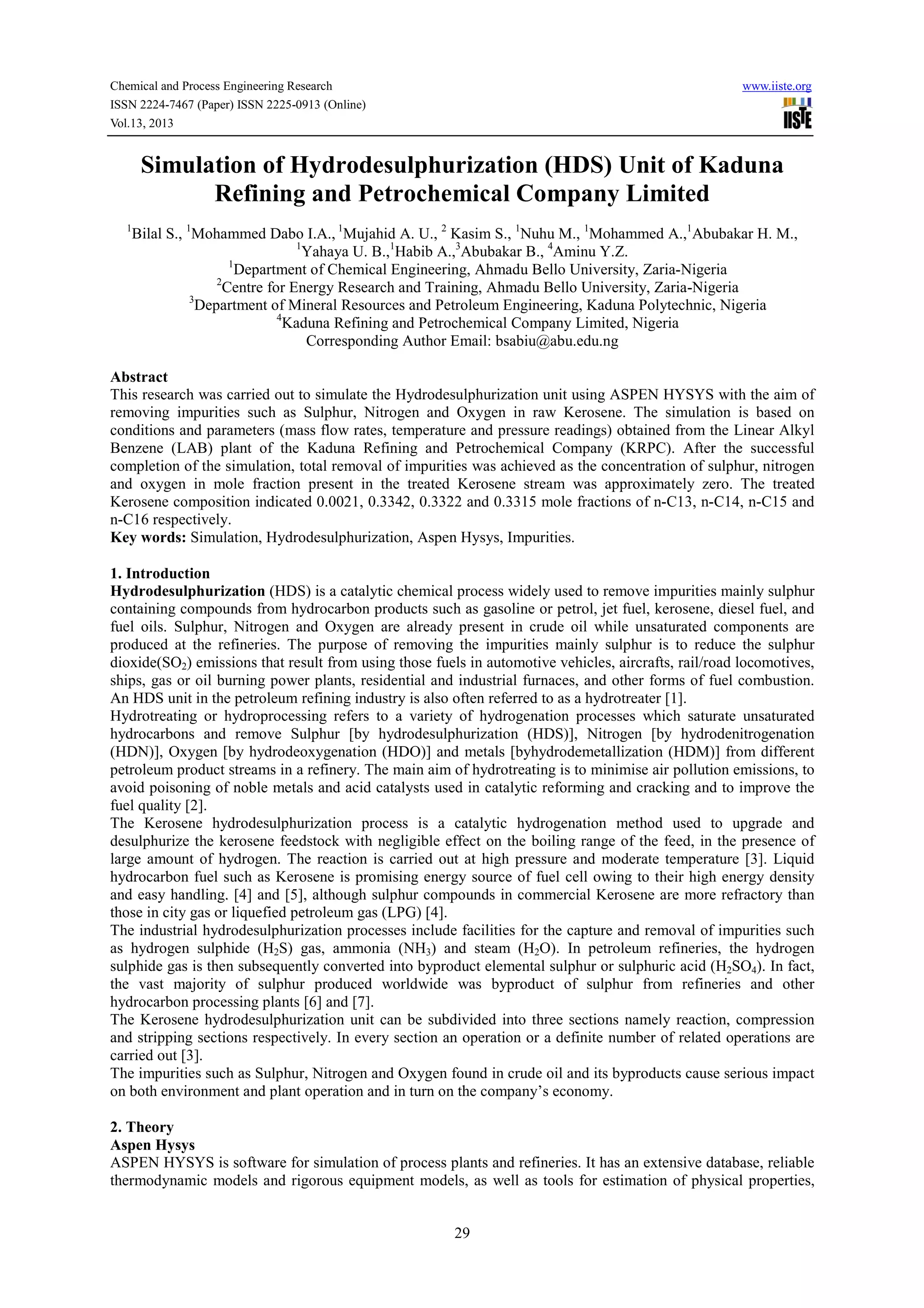 Simulation of hydrodesulphurization (hds) unit of kaduna refining and ...