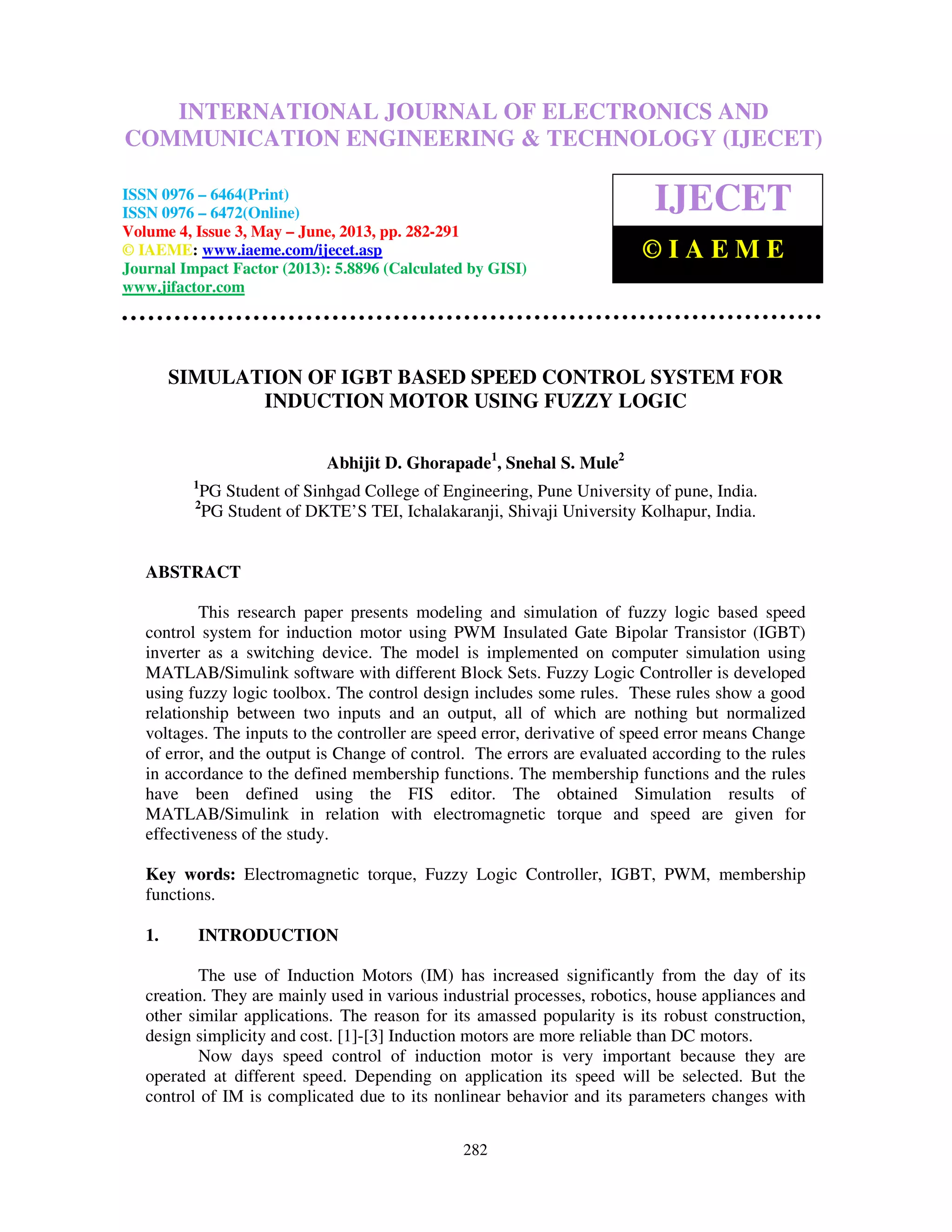 Simulation of igbt based speed control system for induction motor using fu | PDF