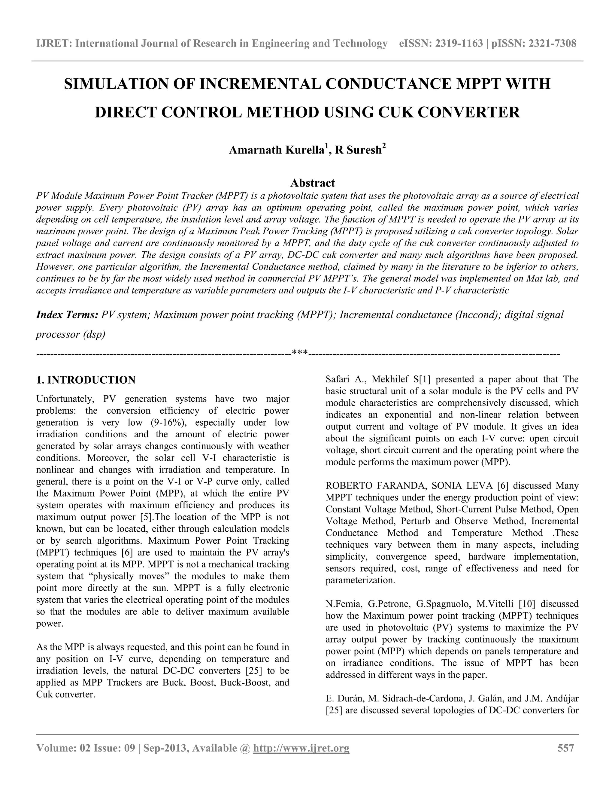 Simulation of incremental conductance mppt with direct control method using cuk converter | PDF ...