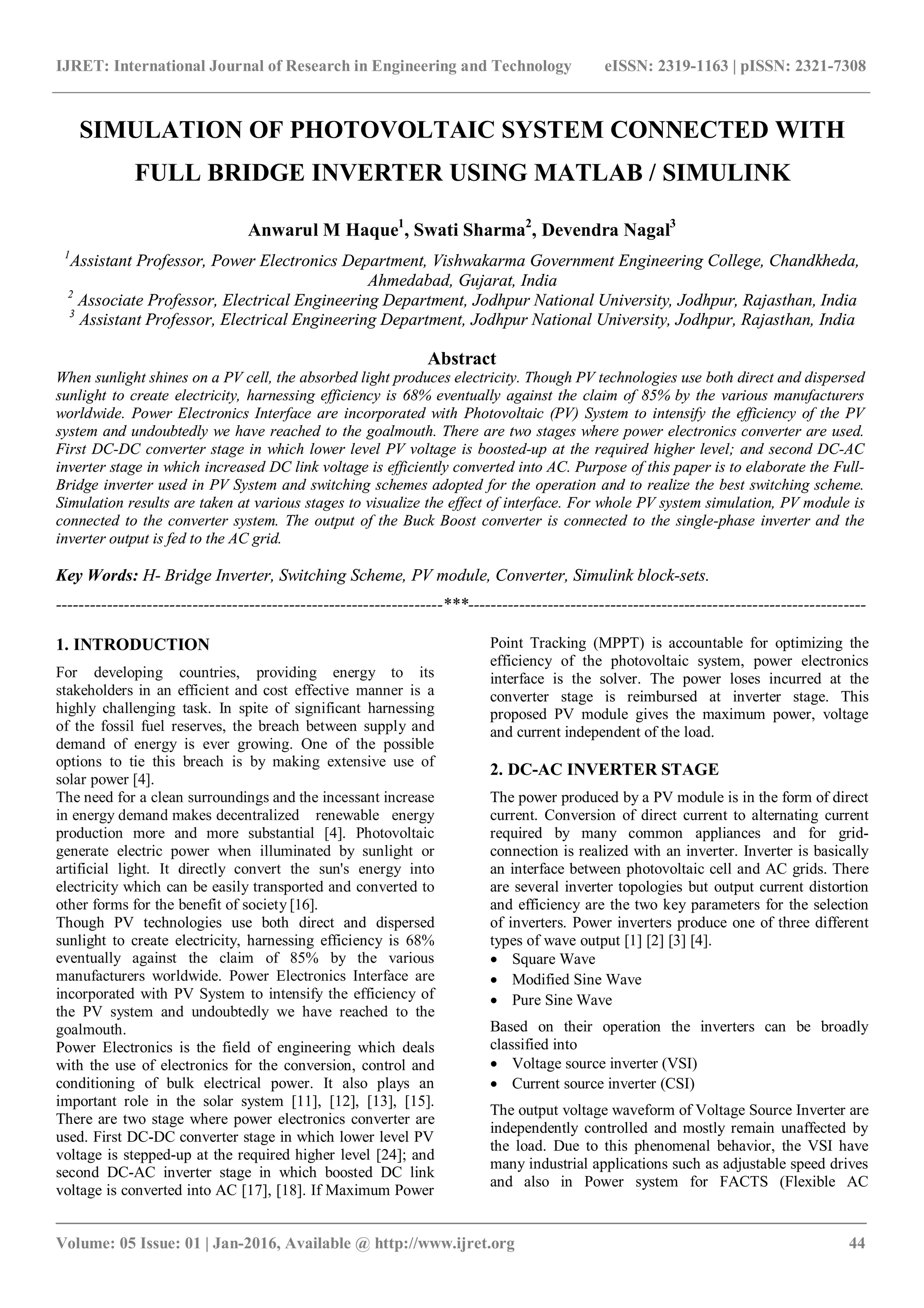 Simulation Of Photovoltaic System Connected With Full Bridge Inverter Using Matlab Simulink Pdf