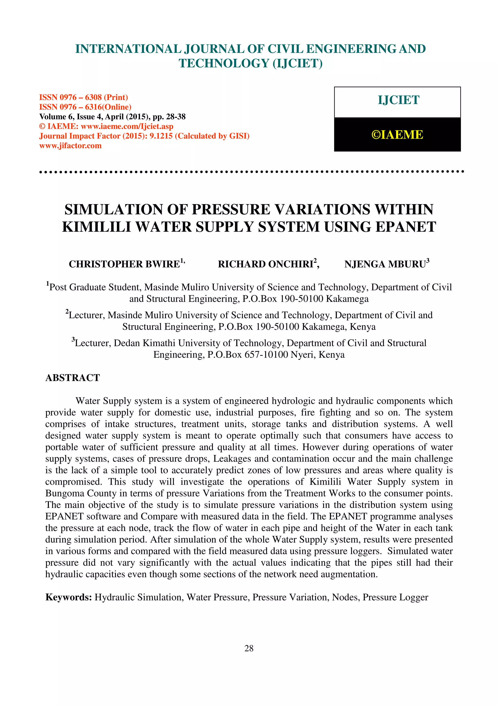 SIMULATION OF PRESSURE VARIATIONS WITHIN KIMILILI WATER SUPPLY SYSTEM USING EPANET | PDF | Civil ...