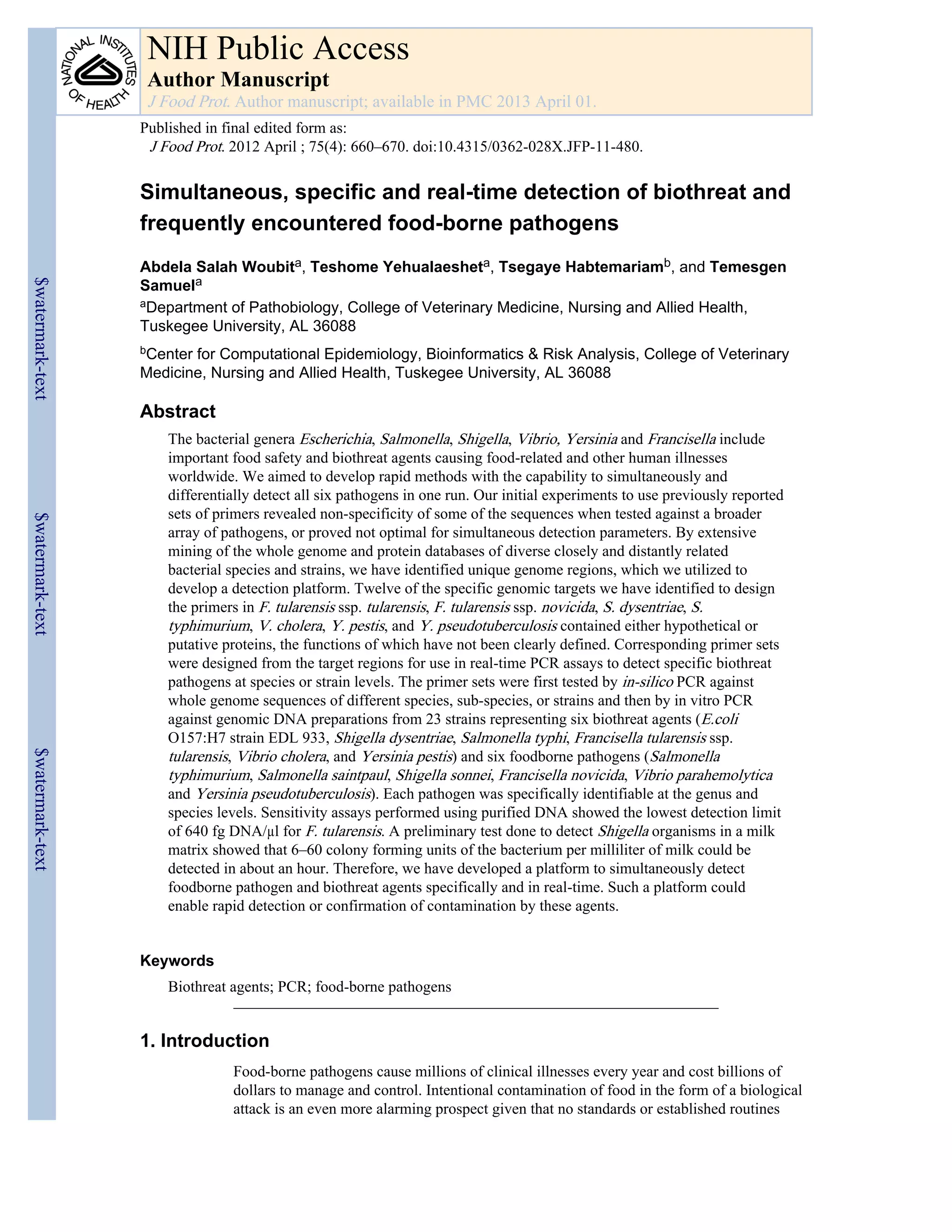 Simultaneous, specific and real time detection of biothreat and ...