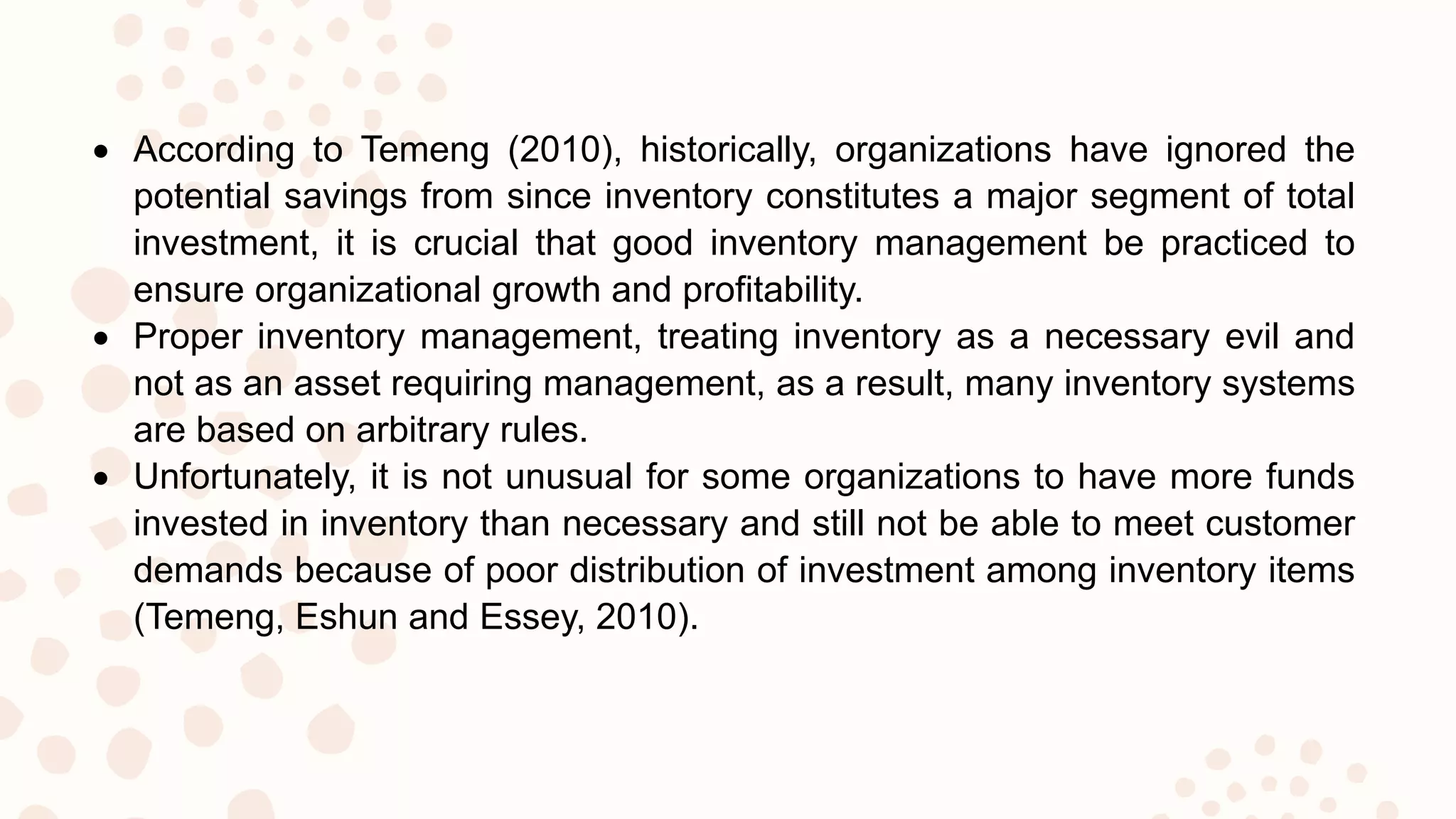 Inventory Management (Intro, types, spares mgmt) & Role of stores ...