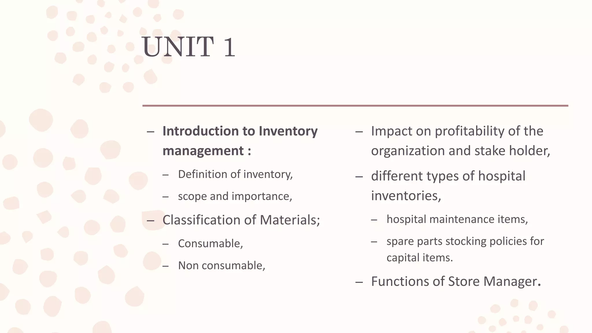 Inventory Management (Intro, types, spares mgmt) & Role of stores ...