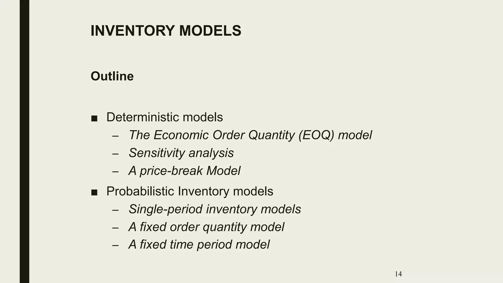 EOQ-complete, Just in Time (JIT), Lead time analysis, Inventory models ...