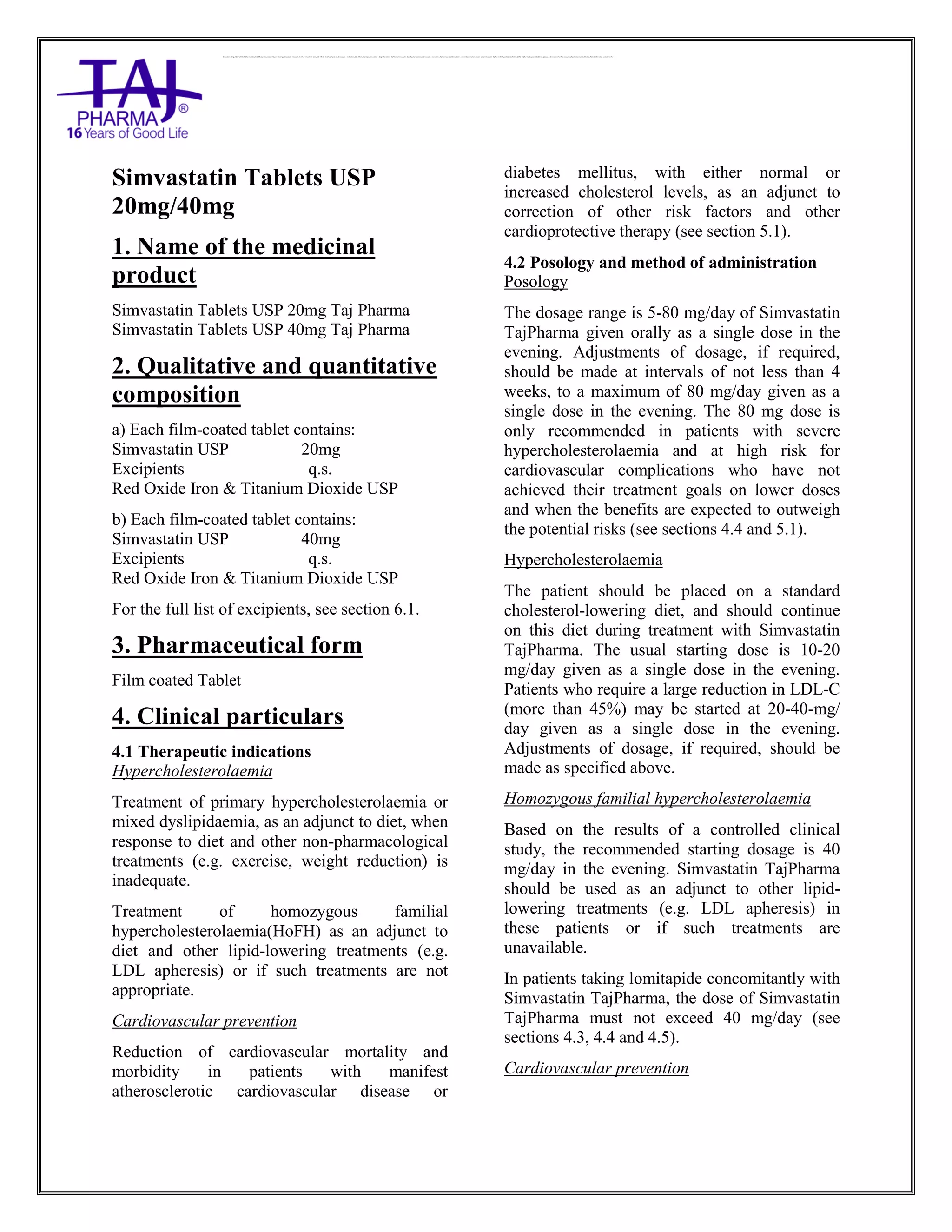 Simvastatin Tablets USP Taj Pharma SmPC | PDF