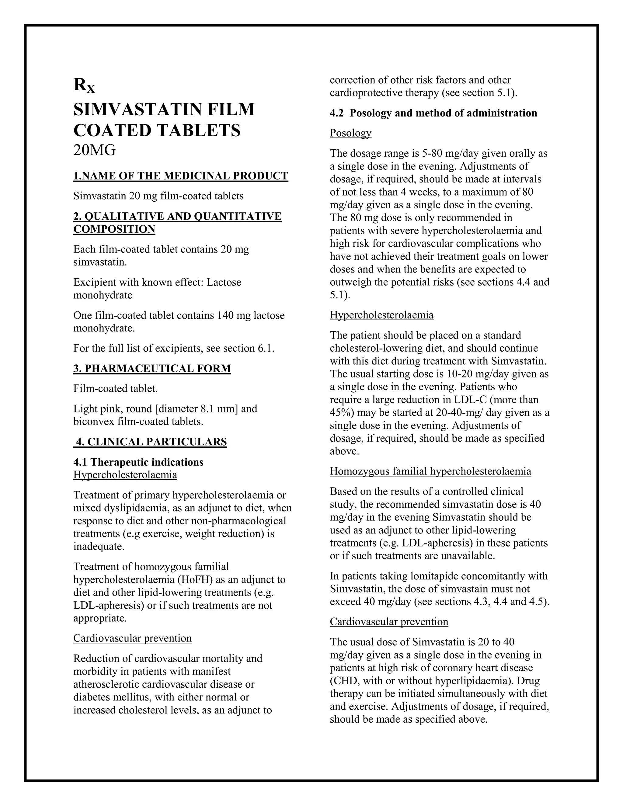 Simvastatin 20 mg film coated tablets smpc- taj pharmaceuticals | PDF