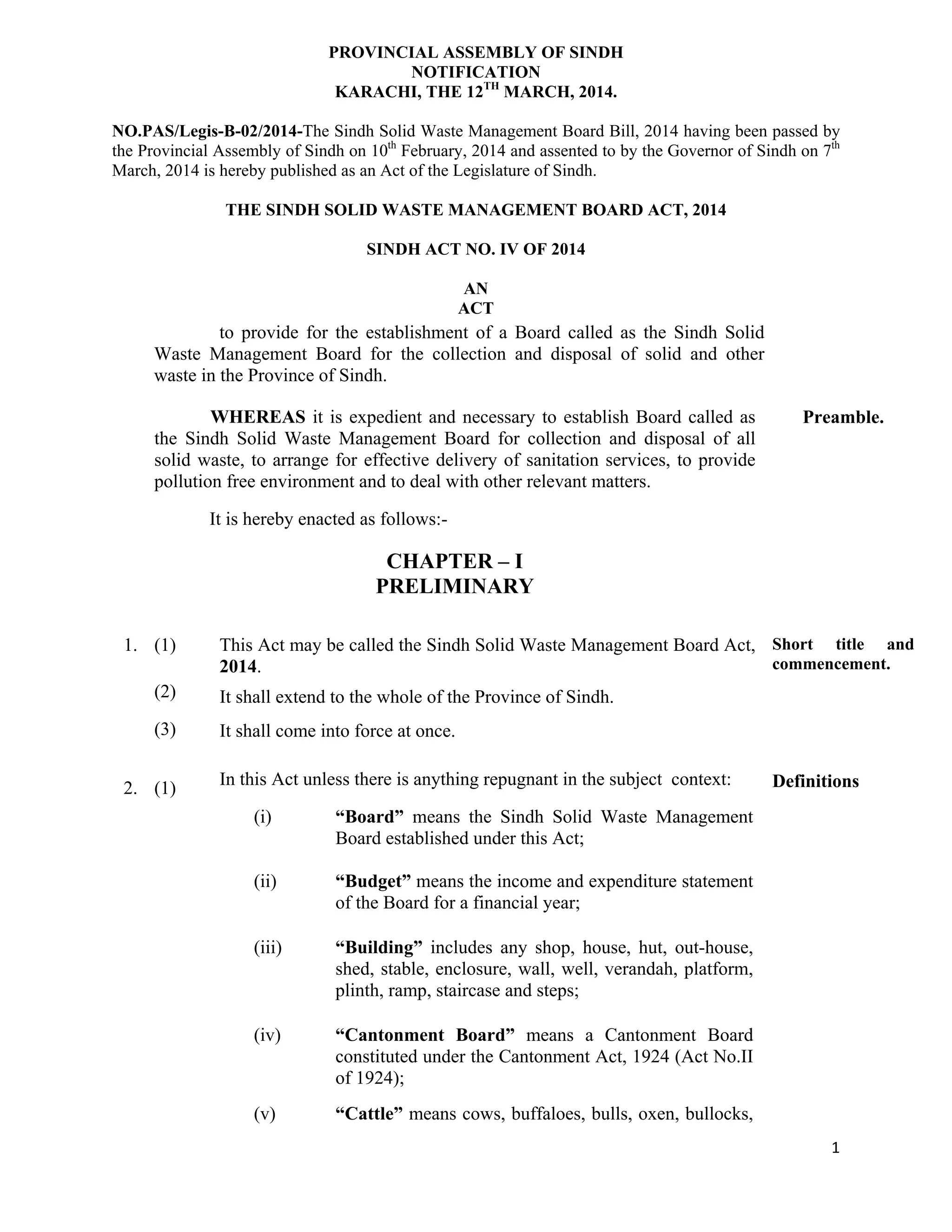 Sindh Solid Waste Management Board Act, 2014 | PDF